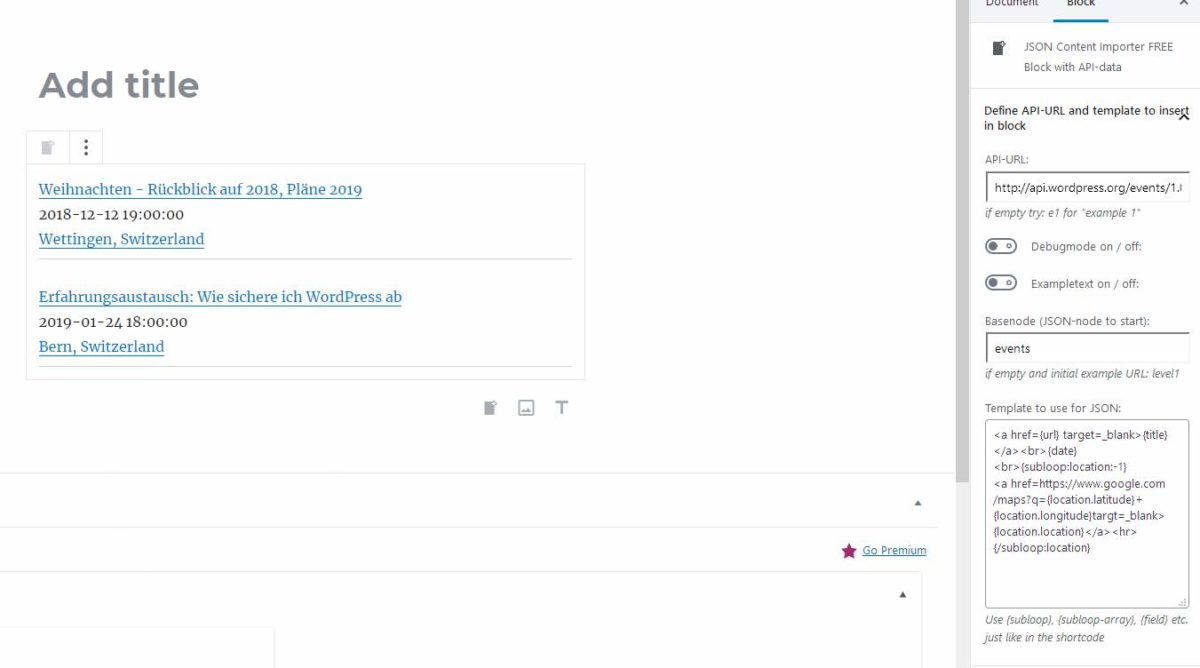 Free Plugin: api.wordpress.org/events with Gutenberg-Block – Supportsite JSON Content Importer