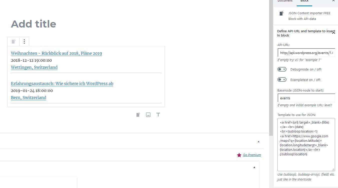 Free Plugin: api.wordpress.org/events with Gutenberg-Block – Supportsite JSON Content Importer